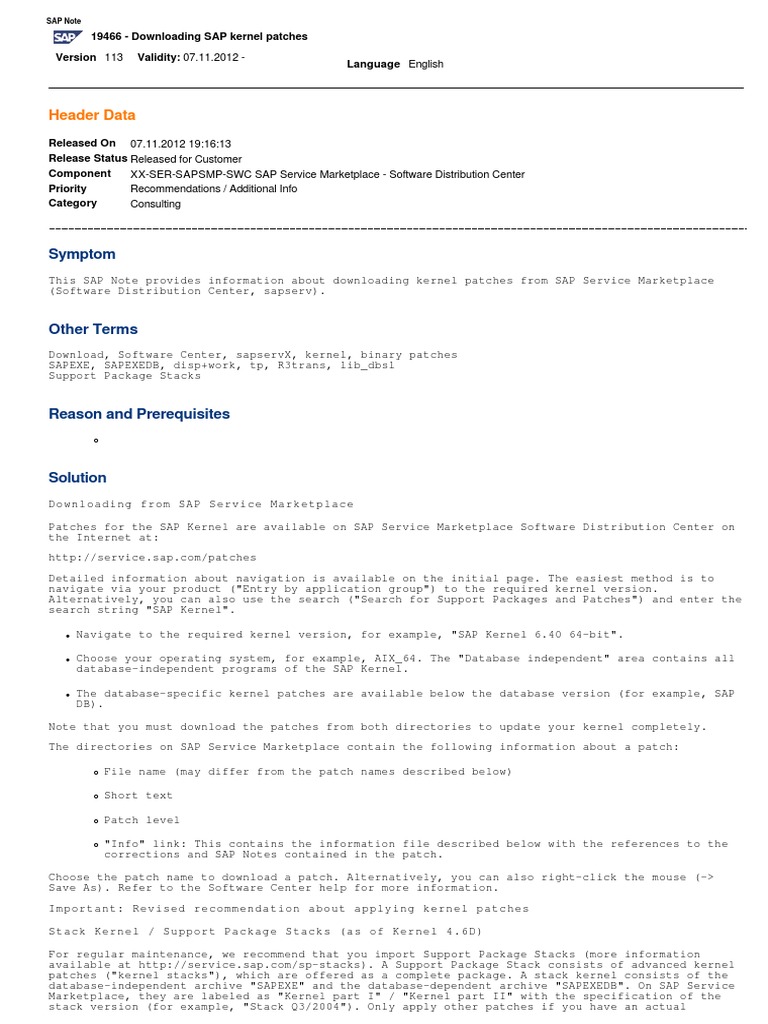 Downloading SAP Kernel Patches Guide | PDF | Sql | Microsoft Sql Server