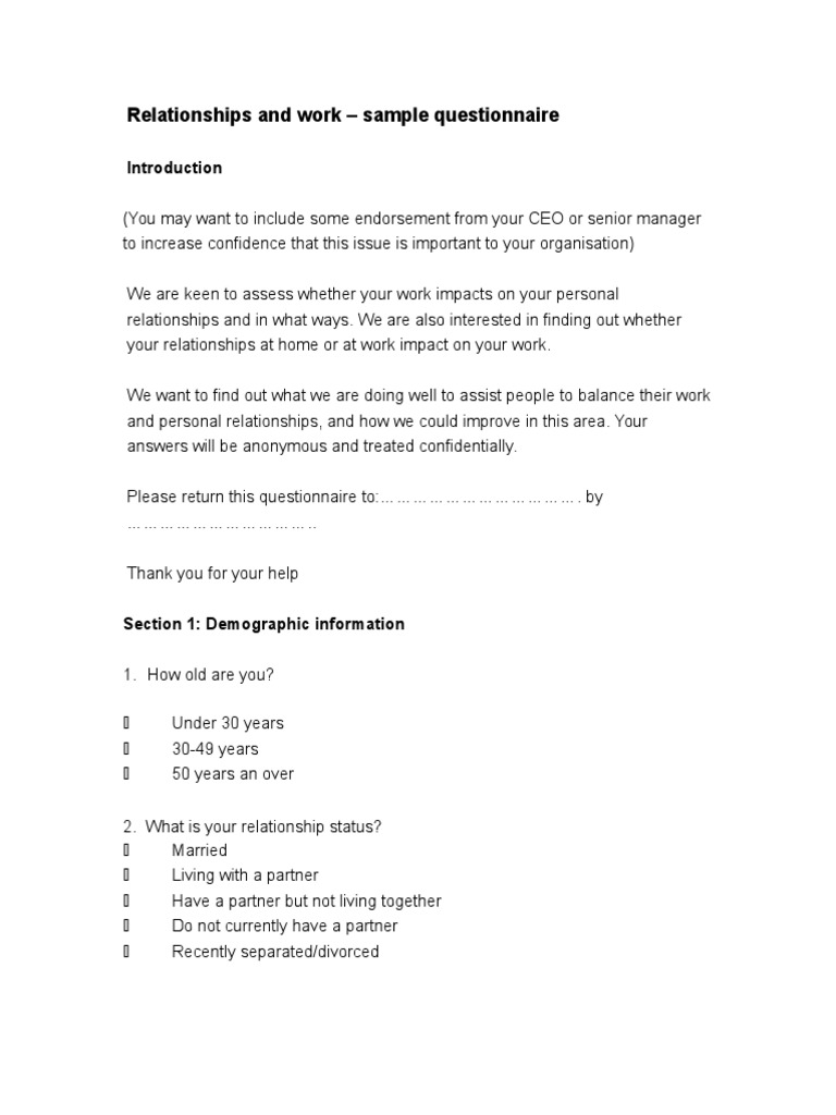 Relationships Sample Questionnaire | PDF | Business