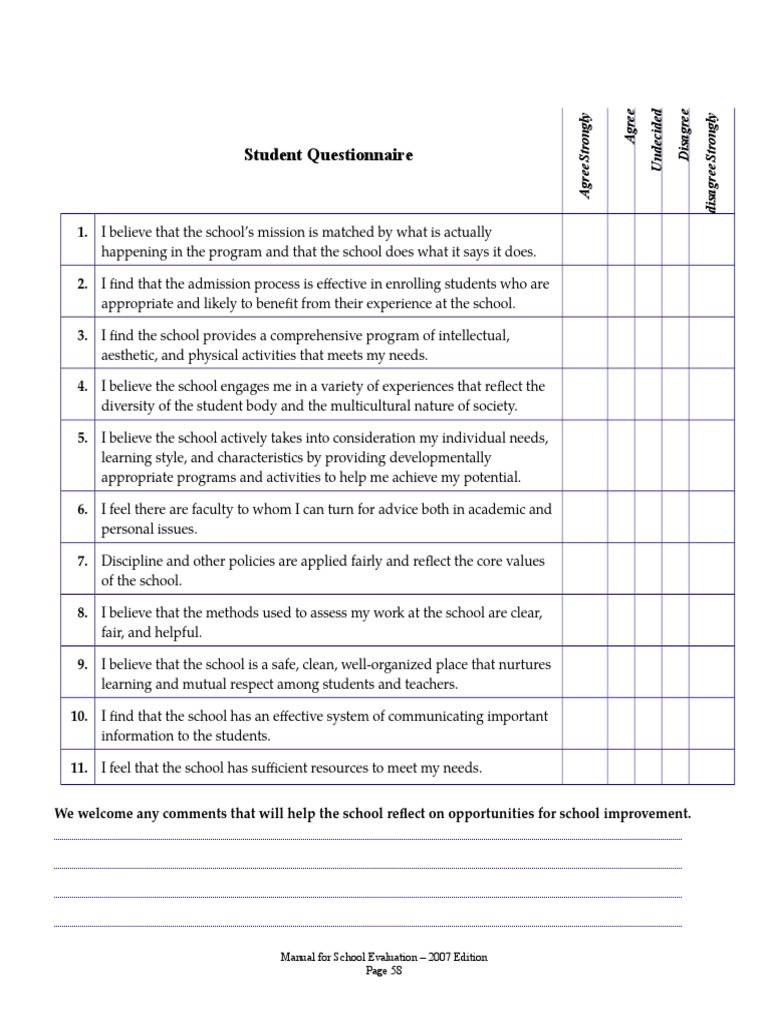 Student Questionnaire: Manual For School Evaluation - 2007 Edition ...