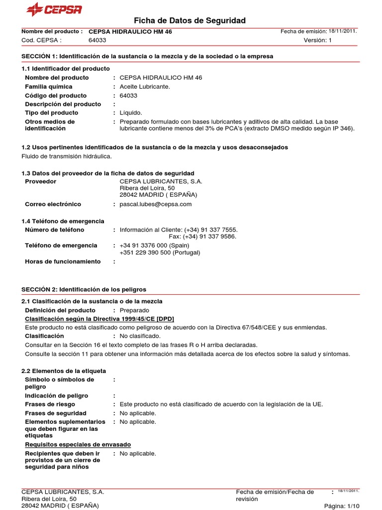 Fds Cepsa Hidraulico HM 46 | PDF | Residuos | Toxicidad