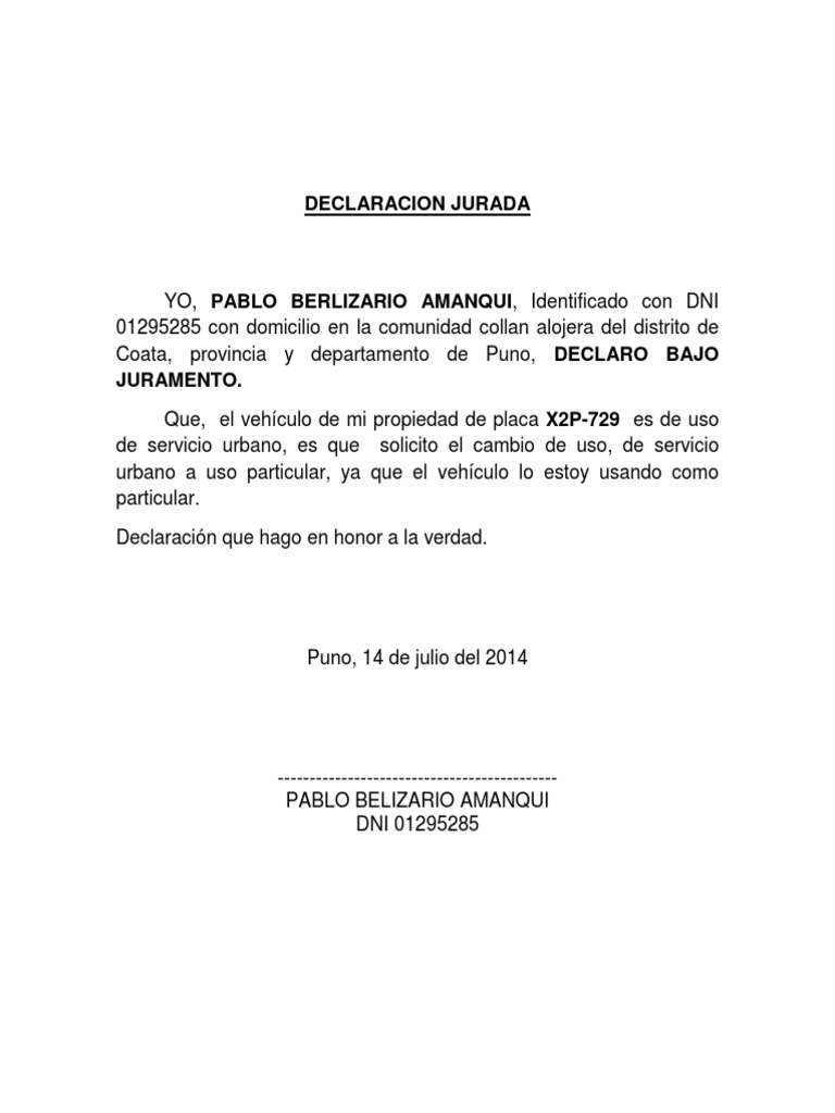 Declaracion Jurada DEL VEHICULO | PDF