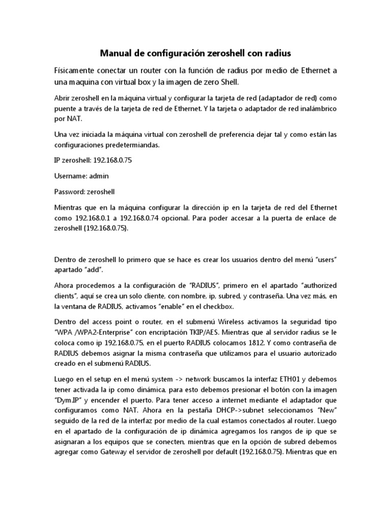 Configura Zeroshell con RADIUS paso a paso | PDF | Controlador de interfaz de red | Dirección IP