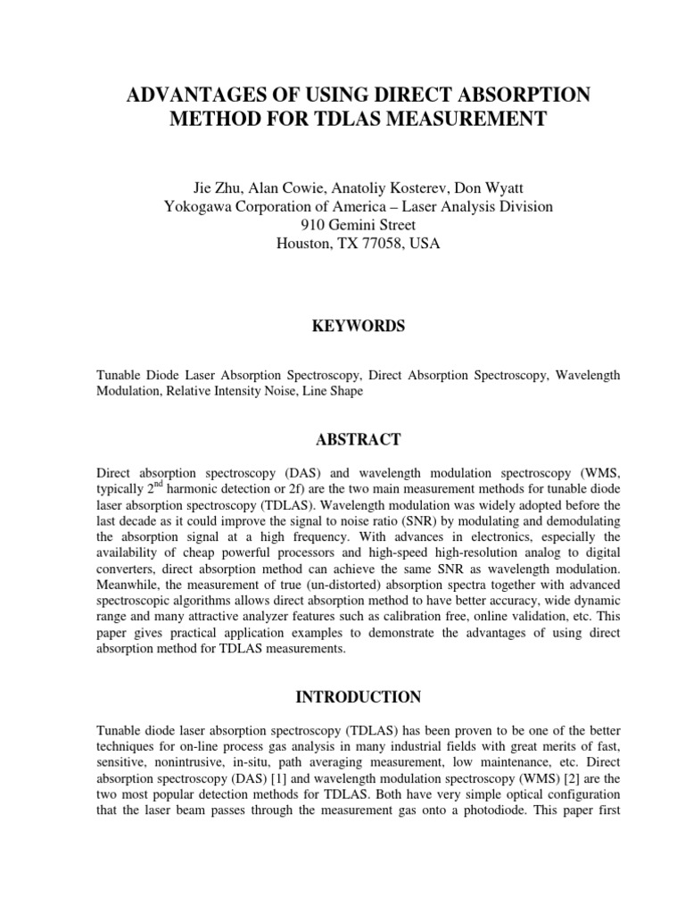 Paper - Advantages of Using Direct Absorption Method For TDLAS Measurement r1 | PDF | Absorption ...