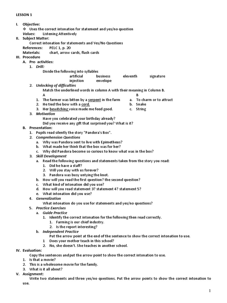 Lesson Guide in ENGLISH V | PDF | Stress (Linguistics) | Question
