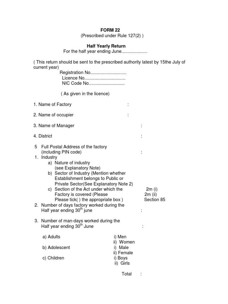 Form No. 22 Prescribed Under Rule 127 Half Yearly Return | Workforce ...
