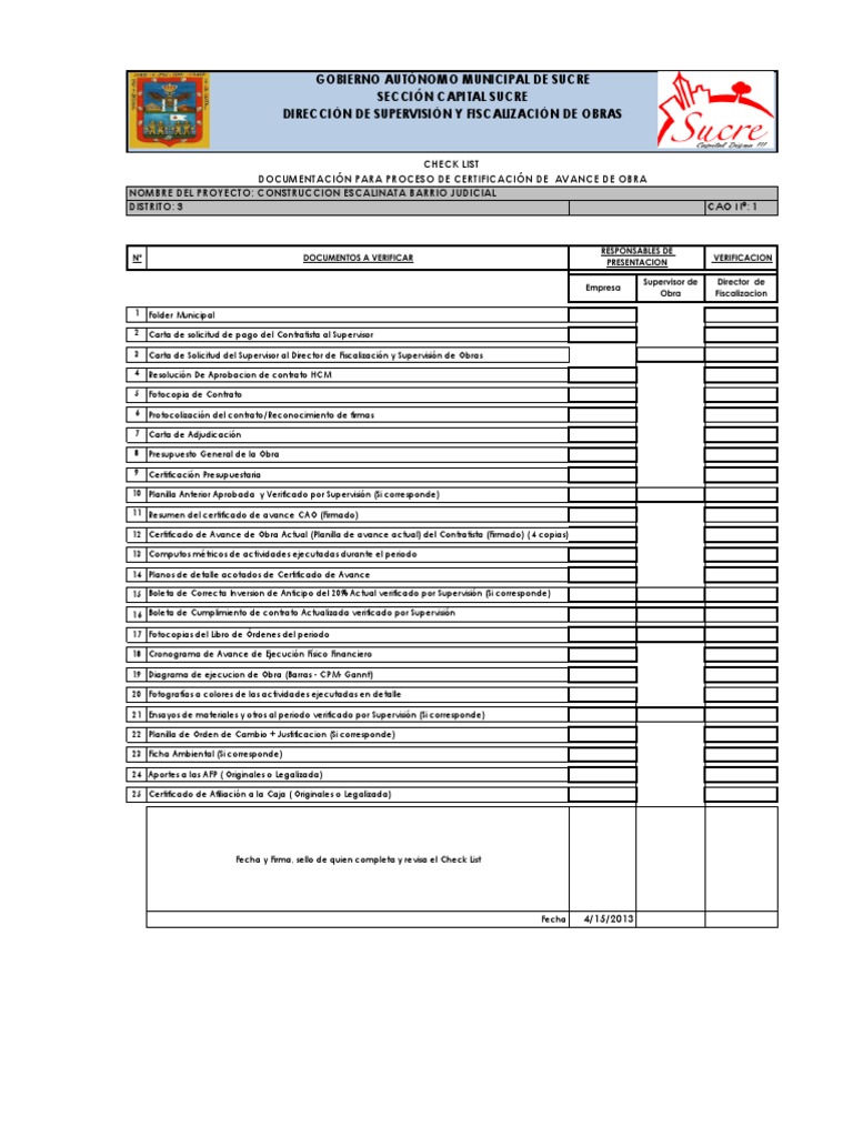 Check List (Planillas) Avance de Obra | PDF | Gobierno