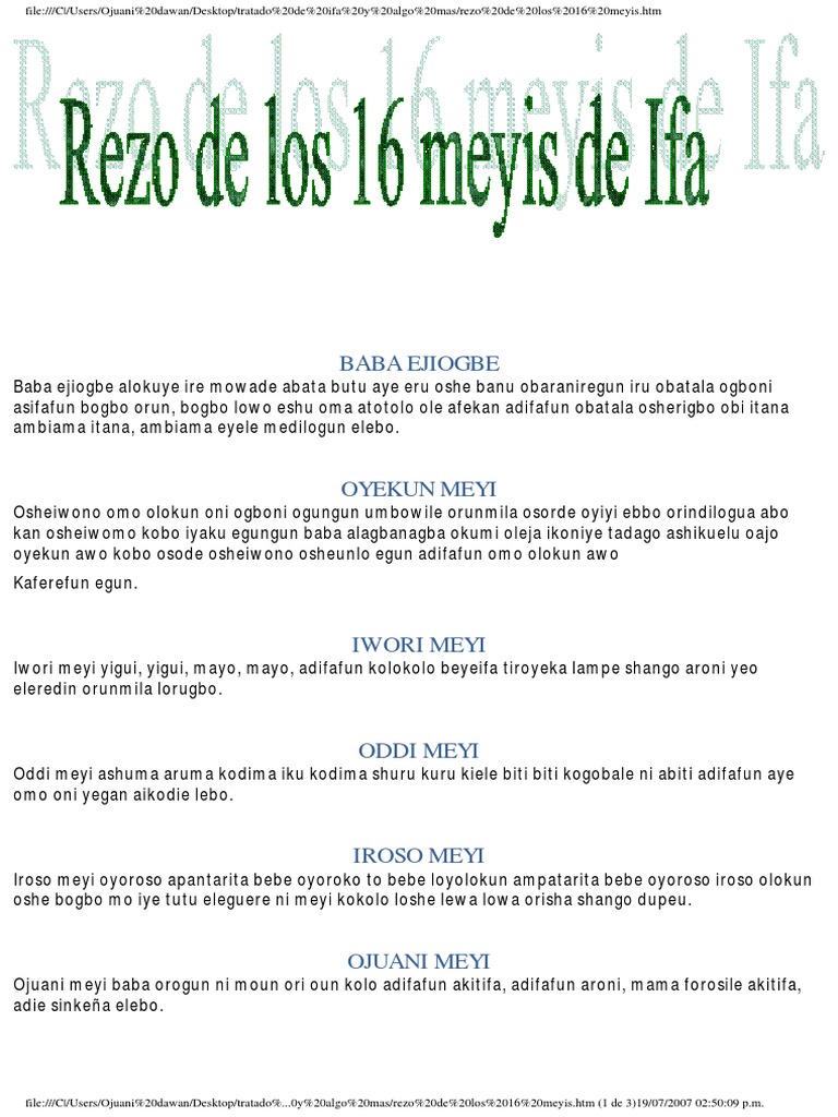 Rezo de Los 16 Meyis de Ifa