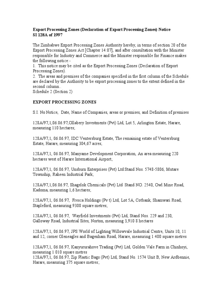 Declaration of Export Processing Zones in Zimbabwe and Designation of ...