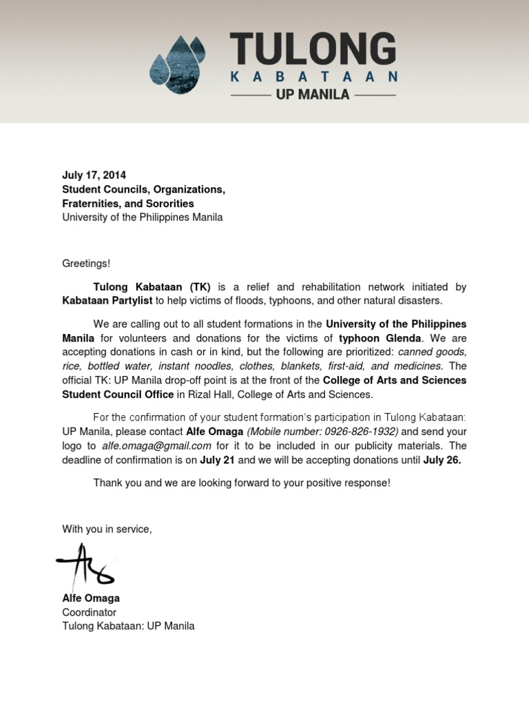 Tulong Kabataan: UP Manila Partnership Letter | PDF
