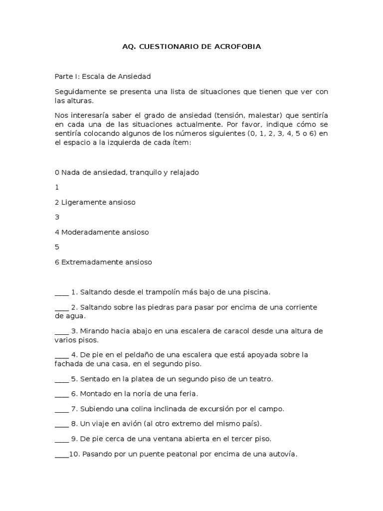 Cuestionario de Acrofobia | PDF