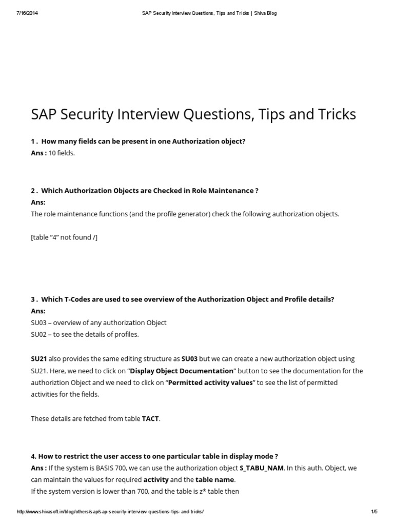 SAP Security Interview Questions, Tips and Tricks - Shiva Blog | PDF ...
