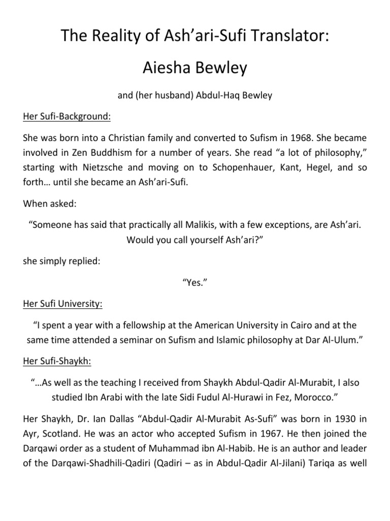 The Reality of Ash'ari-Sufi Translator - Aisha Bewley | Sufism ...