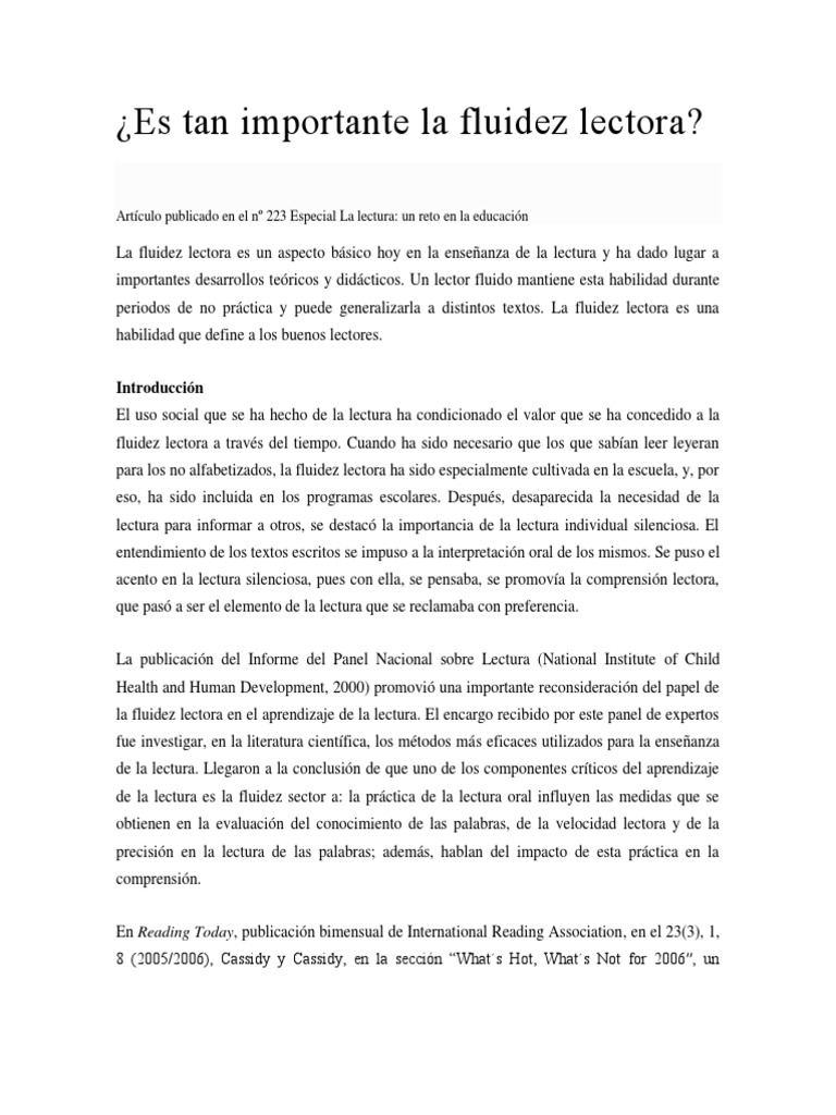 Fluidez Lectora y Su Evaluación | PDF | Lectura (proceso) | Comprensión ...