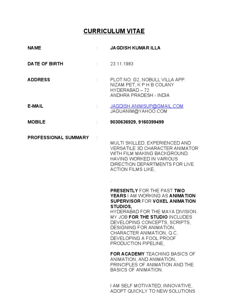 Jagdish Kumar Curriculum Vitae | PDF | Animation | Leisure