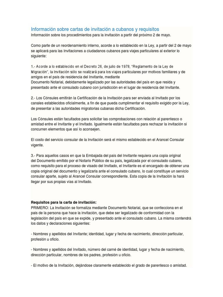 Requisitos para Carta de Invitación a Cubanos | PDF | Cónsul ...