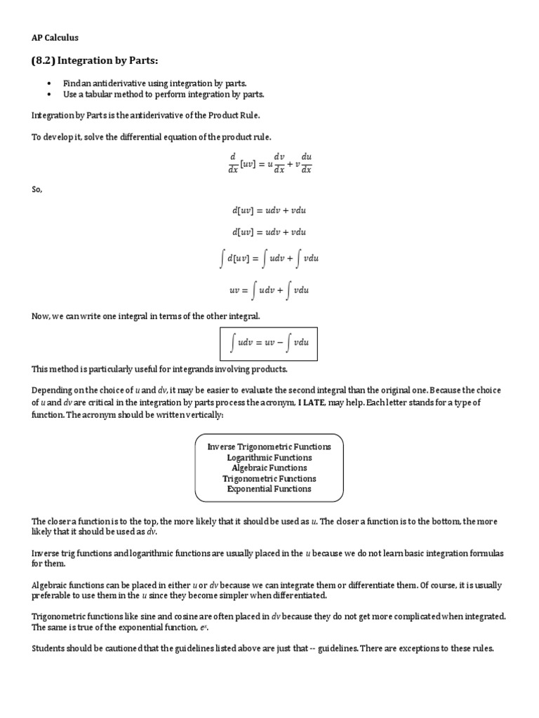 8.2 Integration by Parts Notes With Answers | Download Free PDF ...