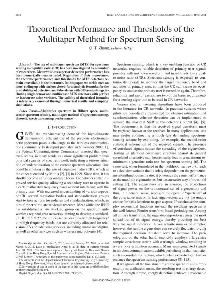 Theoretical Performance and Thresholds of The Multitaper Method For Spectrum Sensing | PDF ...
