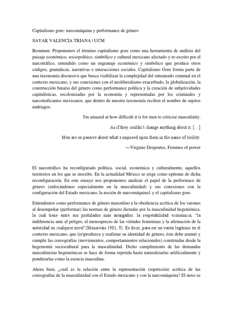 Sayak Valencia-Capitalismo Gore-Narcomáquina y Performance de Género | PDF