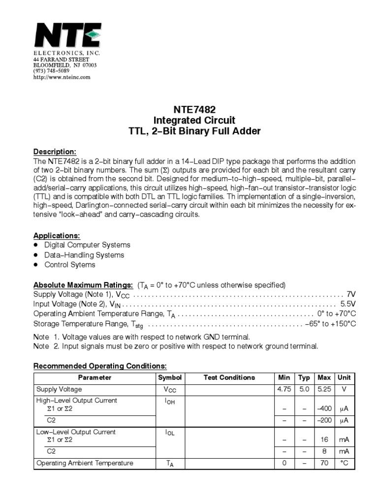 Specification of the NTE7482 TTL 2-Bit Binary Full Adder Integrated ...