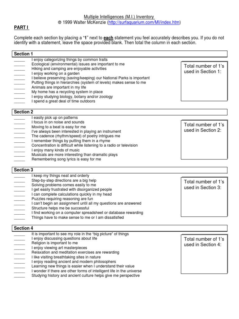 Multiple Intelligences Inventory | PDF | Intelligence | Learning Styles