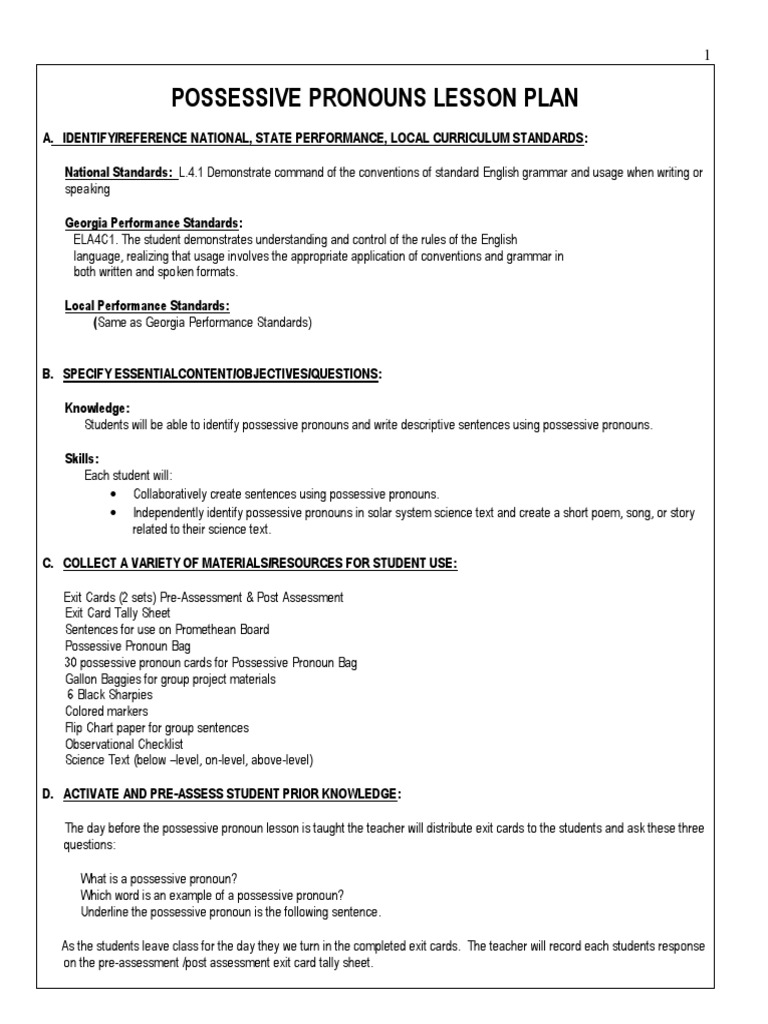 Possessive Pronoun Lesson Plan | PDF | Pronoun | Lesson Plan