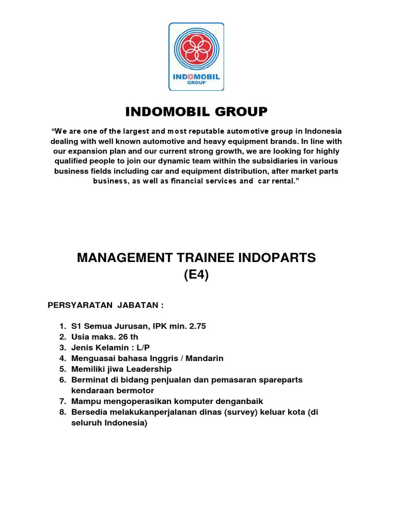 Indomobil Seeks Trainee for Indoparts | PDF