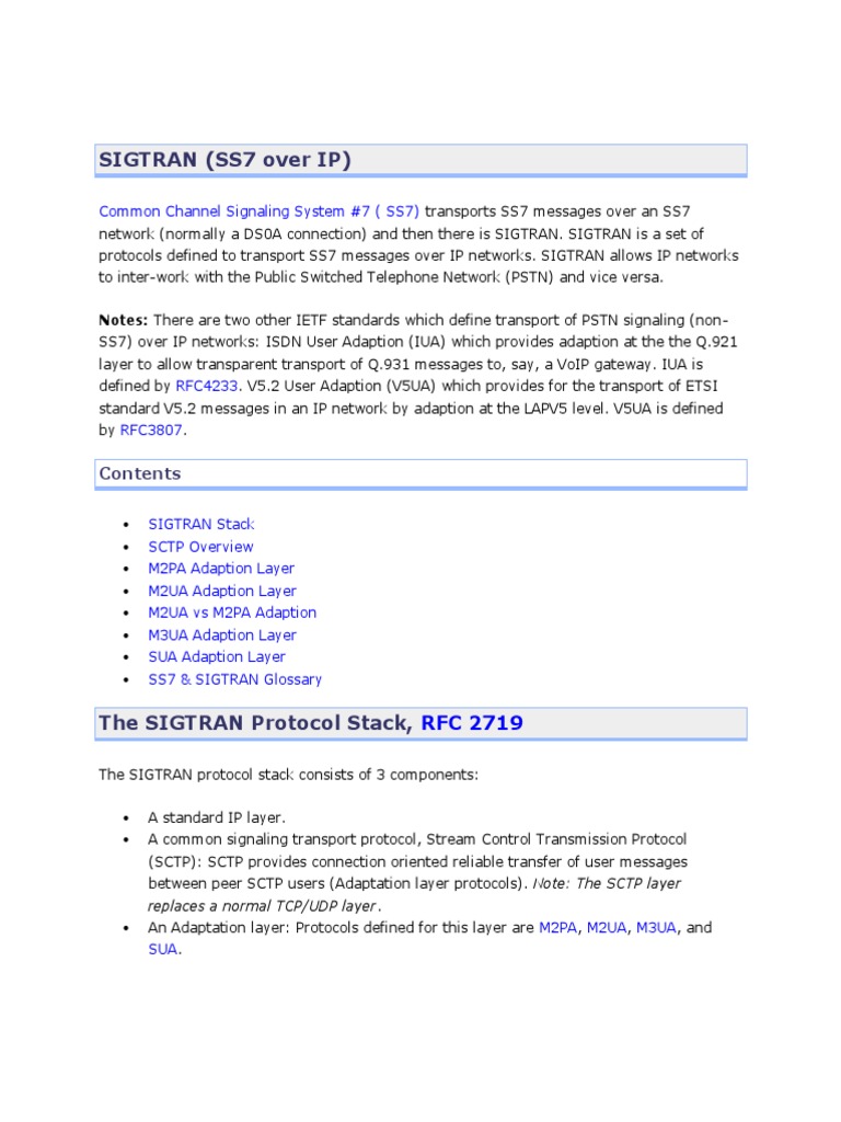 SIGTRAN (SS7 Over IP) : Common Channel Signaling System #7 (SS7) | Download Free PDF | Internet ...