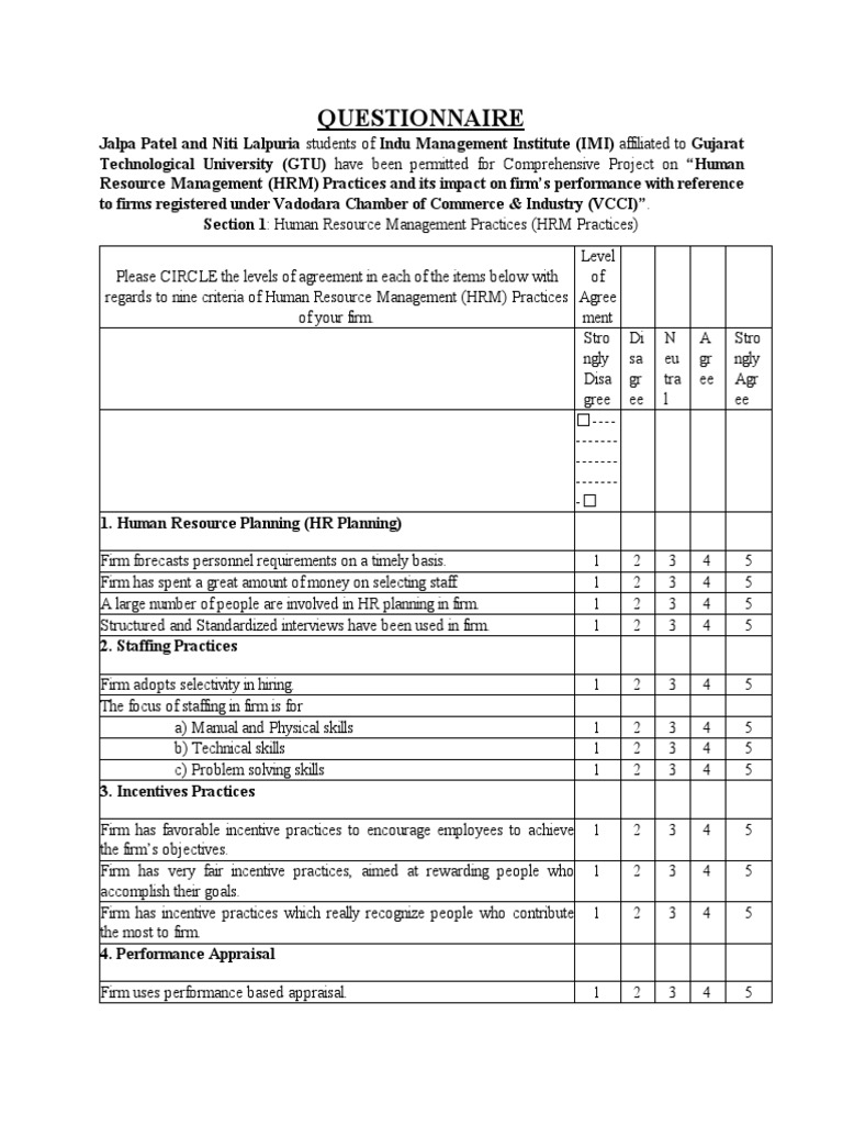 HR Practices Questionnaire | PDF | Performance Appraisal | Human ...