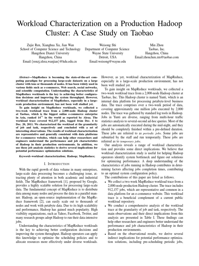 Workload Characterization On A Production Hadoop Cluster: A Case Study On Taobao | PDF | Apache ...