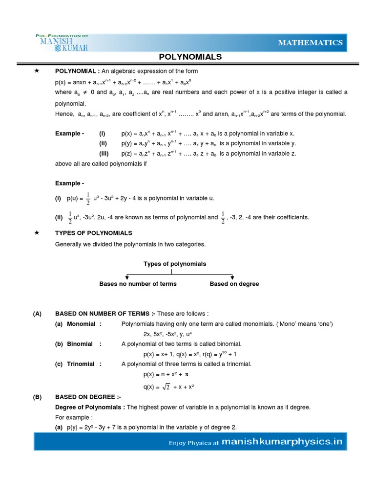 Polynomials Linear Equations in Two Variables | PDF | Polynomial ...