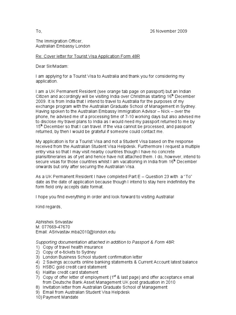 Tourist Visa Application Cover Letter | PDF