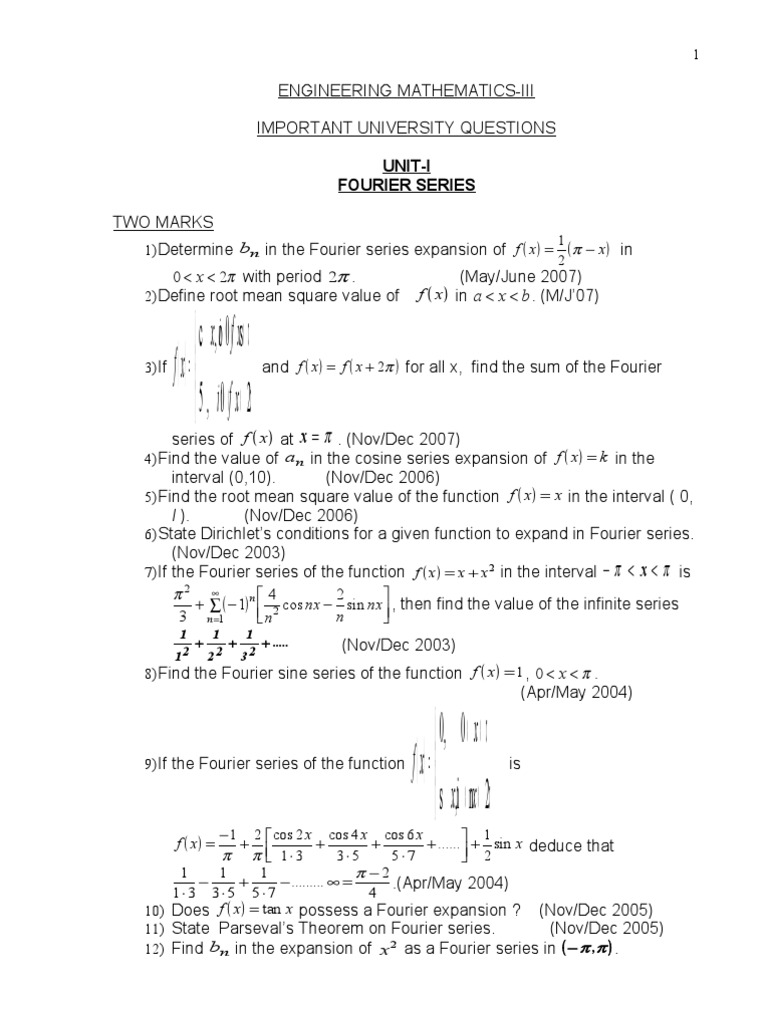 Engineering Mathematics-III Important University Questions Unit-I Fourier Series Two Marks | PDF ...