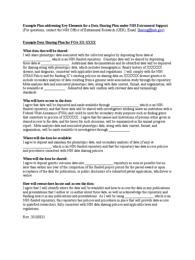 NIH Data Sharing Plan Template | PDF | Genetics | Biology