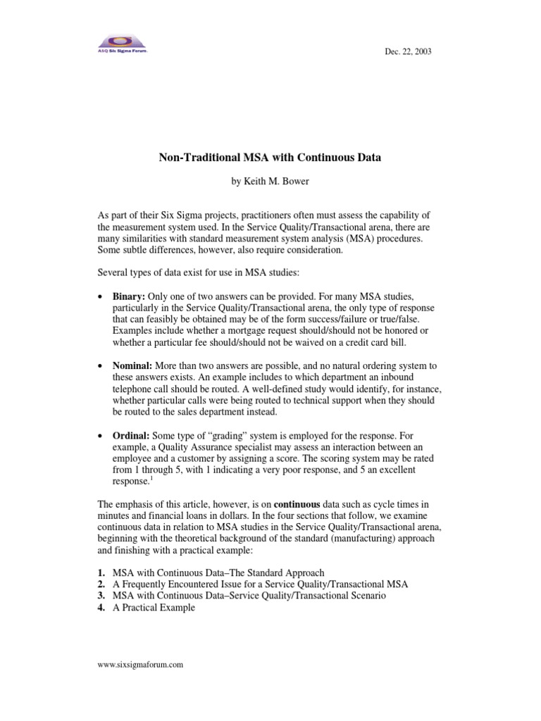 Non-Traditional MSA With Continuous Data: - Binary: Only One of Two ...