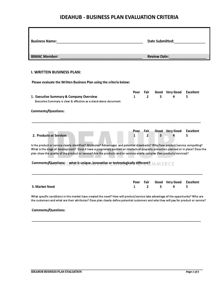 Business Plan Evaluation Criteria IDEAHUB | PDF | Business Plan ...