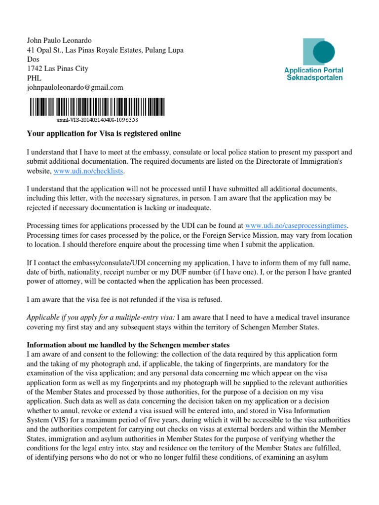Your Application For Visa Is Registered Online: WWW - Udi.no/checklists ...