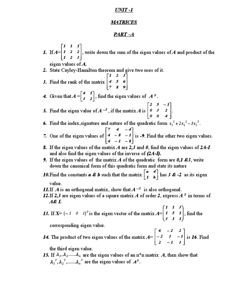 Unit 1 Matrices Part A Pdf Eigenvalues And Eigenvectors Matrix Mathematics