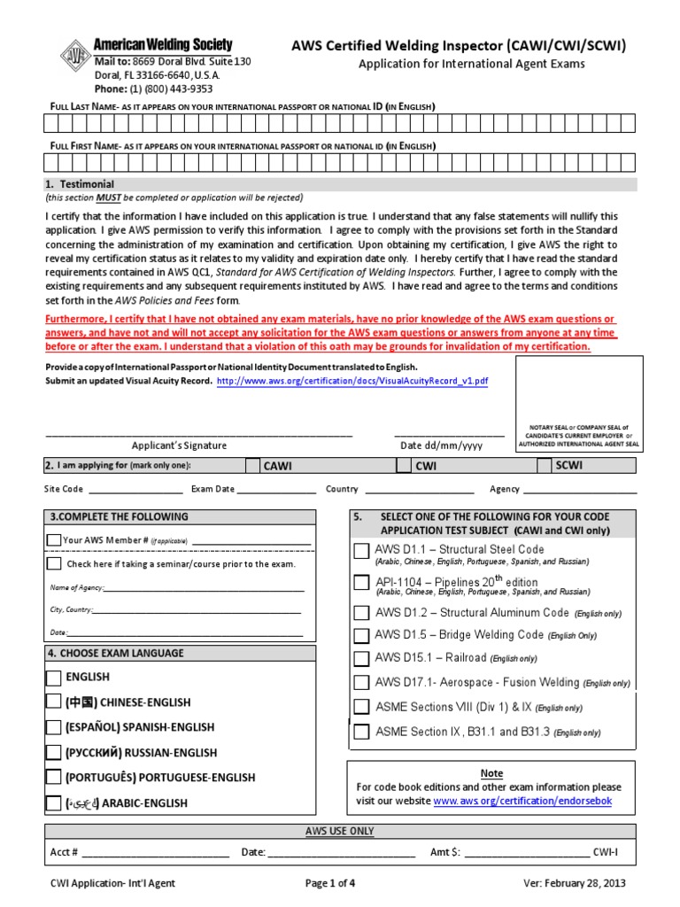 AWS Certified Welding Inspector (CAWI/CWI/SCWI) : Application For ...