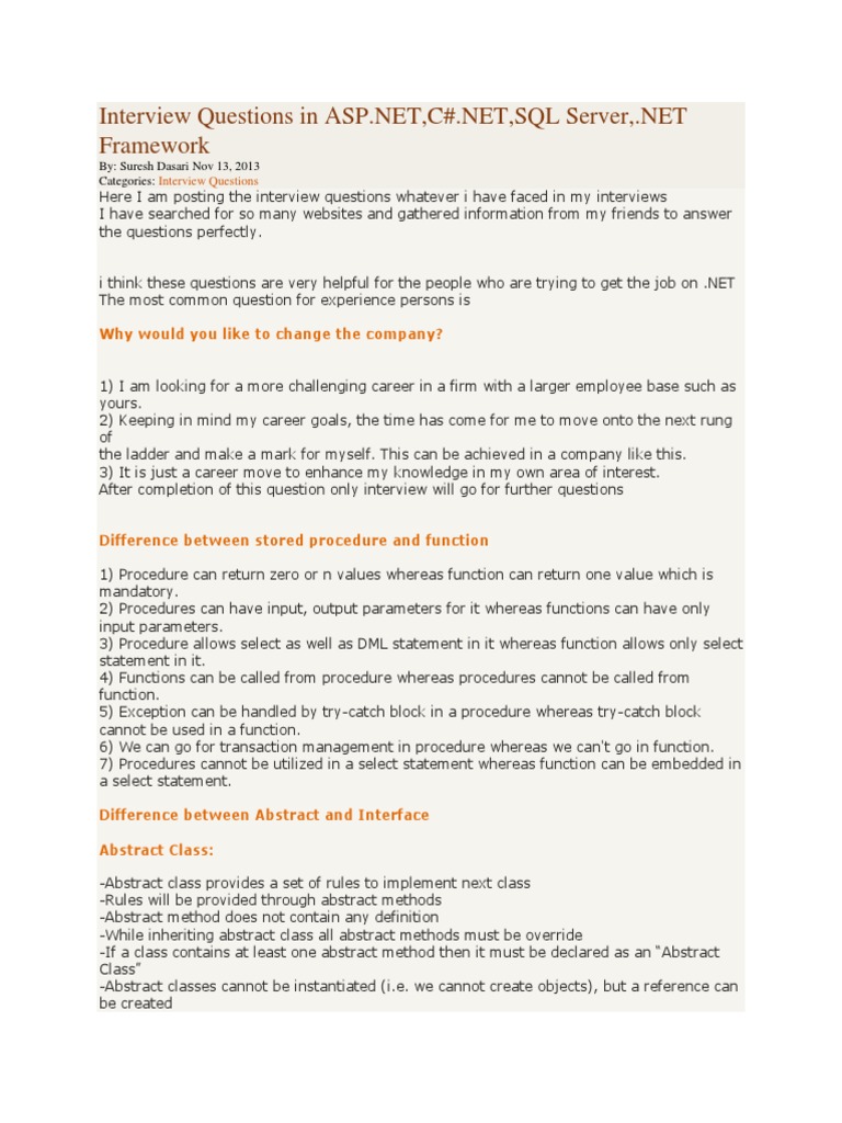 Interview Questions In Asp Pdf Database Index Class Computer Programming