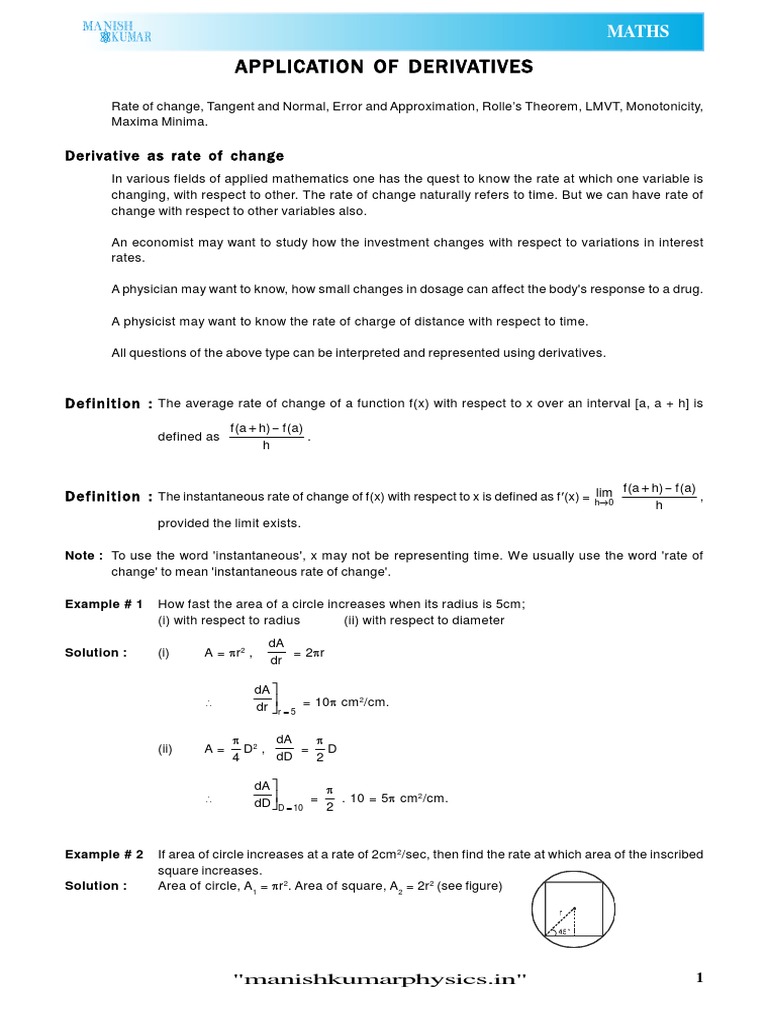 Application Of Derivatives Theory E Pdf Maxima And Minima