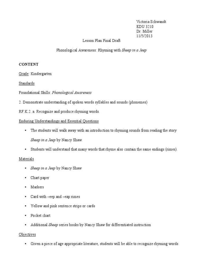 Sheep in A Jeep Lesson Plan | PDF | Lesson Plan | Syllable