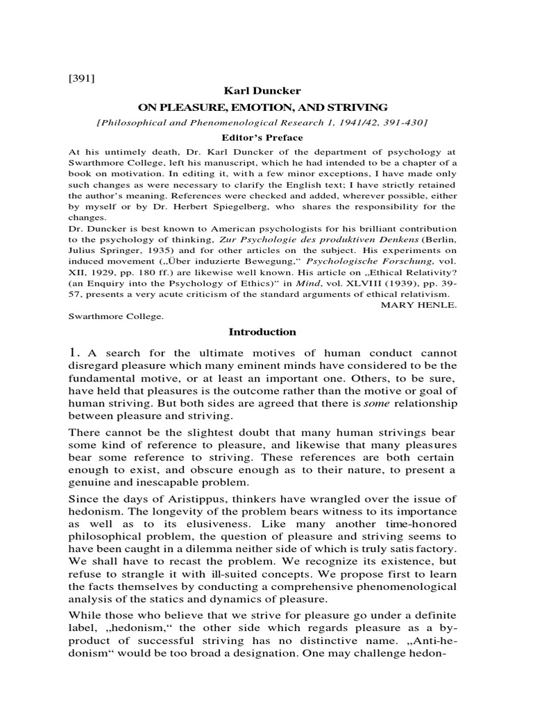 On Pleasure, Emotion, and Striving - Karl Duncker | PDF | Hedonism ...