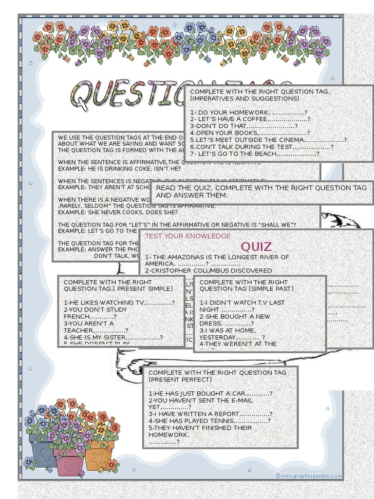 Read The Quiz, Complete With The Right Question Tag and Answer Them | PDF