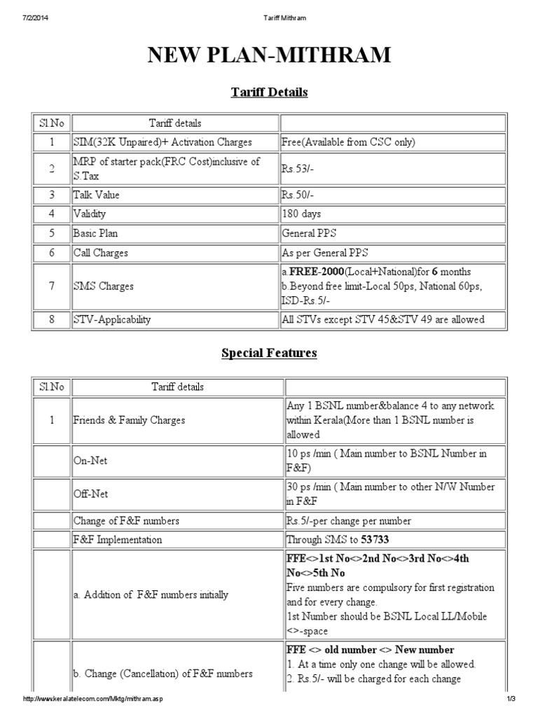 New Plan-Mithram: Tariff Details | PDF | Telecommunications | Payments