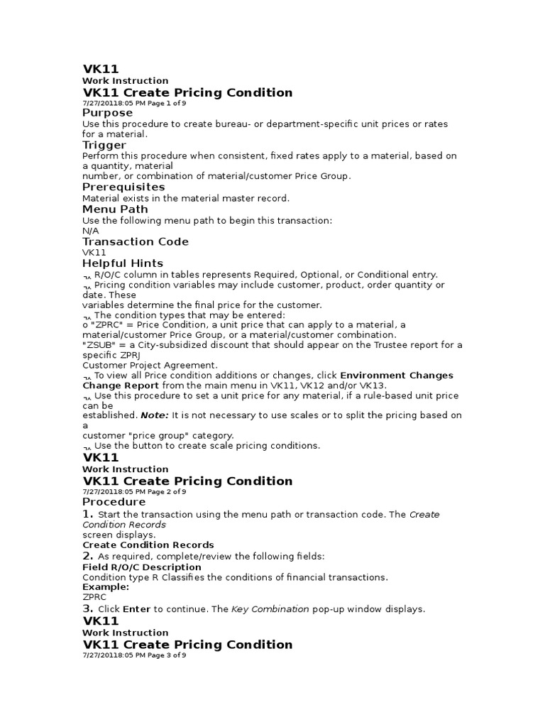 VK11 VK11 Create Pricing Condition: Purpose Trigger | PDF | Business (General) | Business