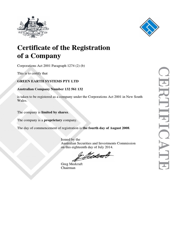 Certificate of The Registration of A Company: Green Earth Systems Pty ...