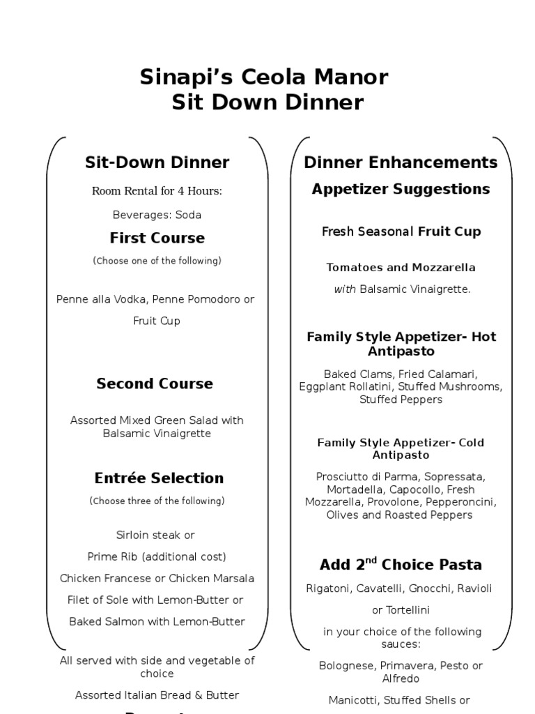 Ceola Manor Sit-Down Dinner Menu | PDF | Cooking, Food & Wine