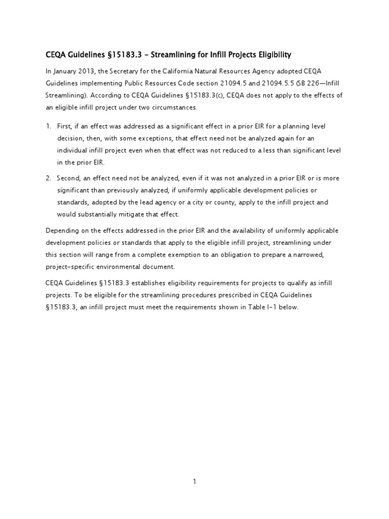 CEQA Guidelines 15183.3 Eligibility 13 0311 | Environmental Social ...