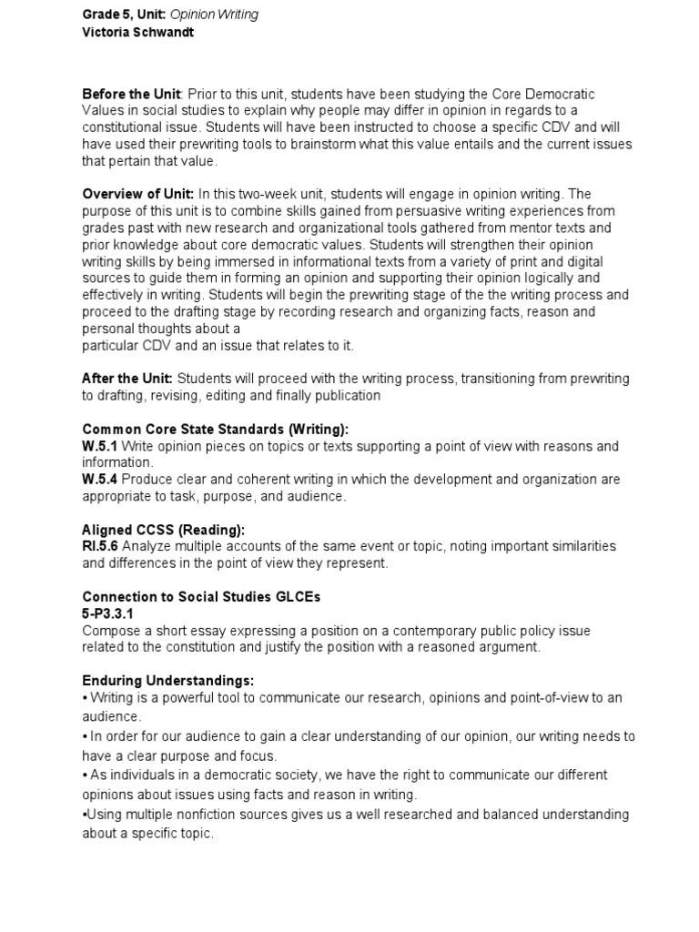 5th Grade Opinion Writing Unit | PDF | Brainstorming | Epistemology