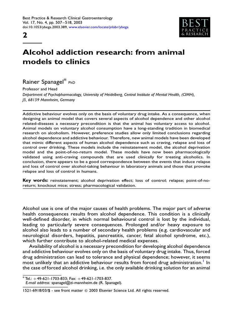 Alcohol Addiction Research From Animal Models To Clinics | PDF ...